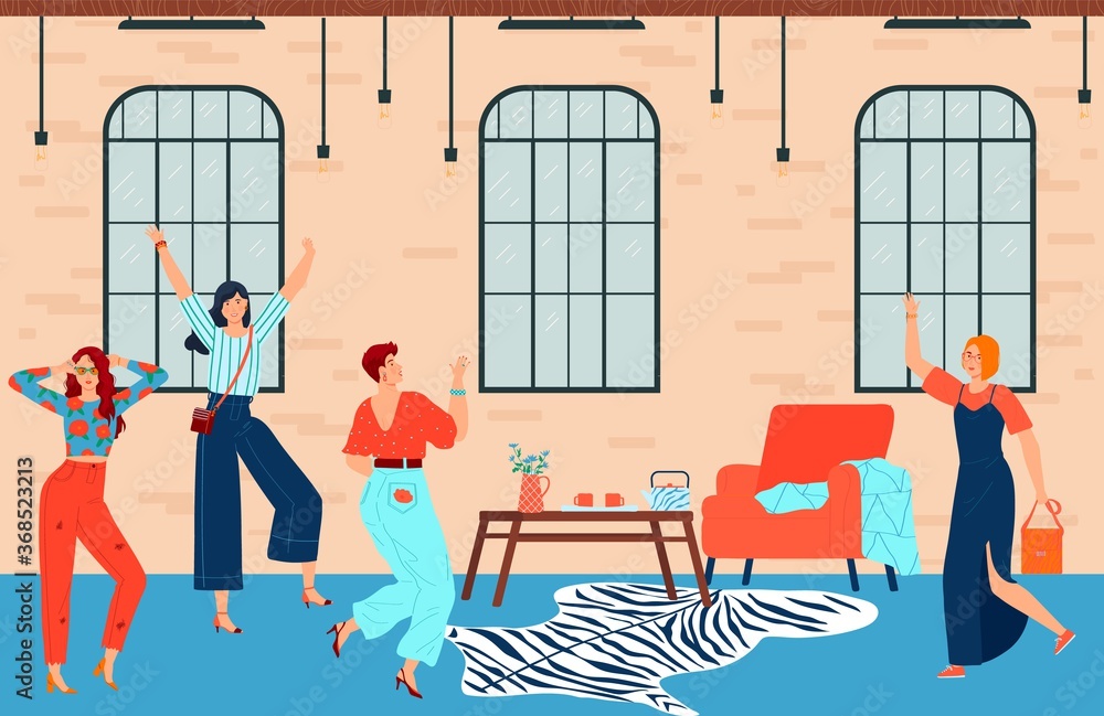 Girls party flat vector illustration. Cartoon happy beautiful woman ...