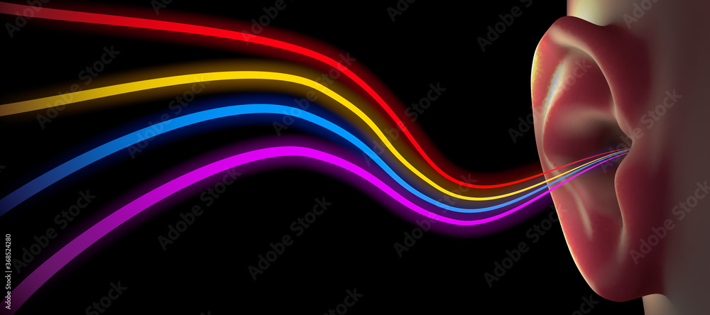 Human ear with incoming vibrations in different frequencies - 3d ...