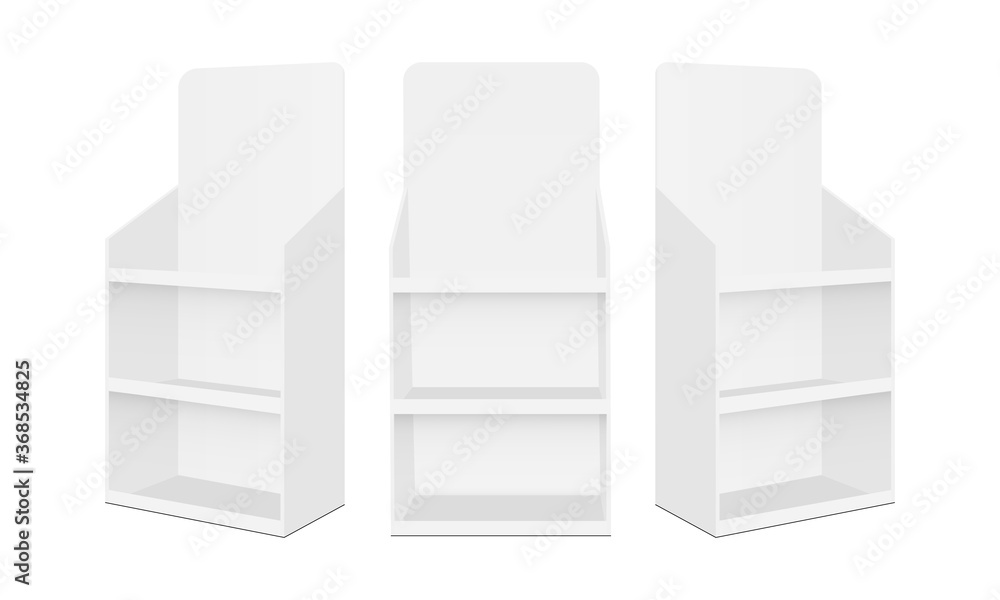 Blank POS display stands with shelves, isolated on white background ...