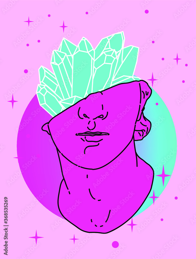 Line art style illustration of fragmentary colossal head of a youth ...