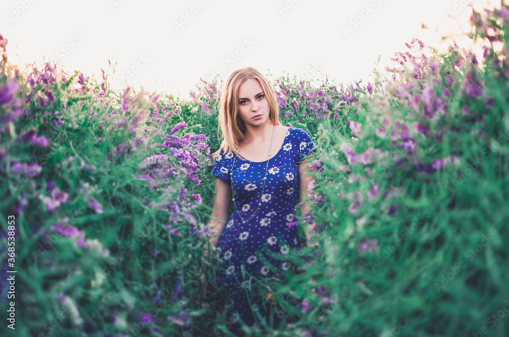 light-skinned European blonde young slim girl walks on tall grass ...