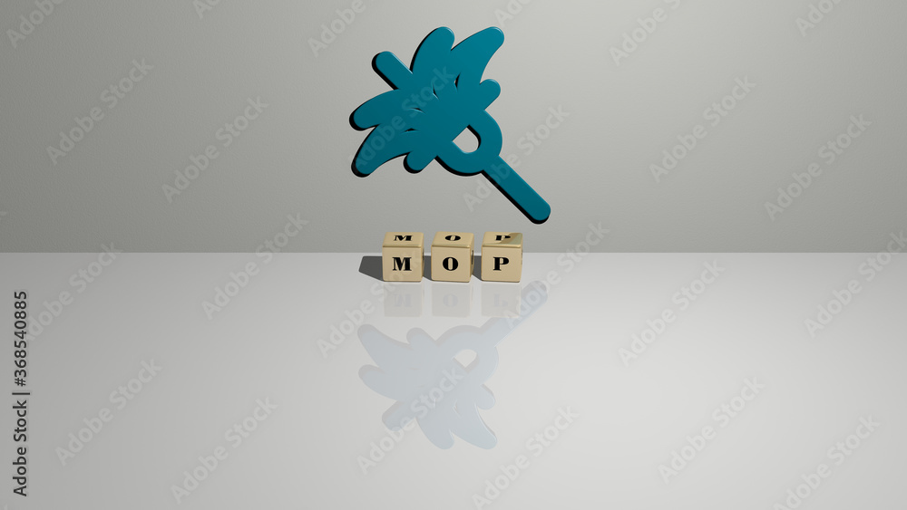 3D illustration of MOP graphics and text made by metallic dice letters ...