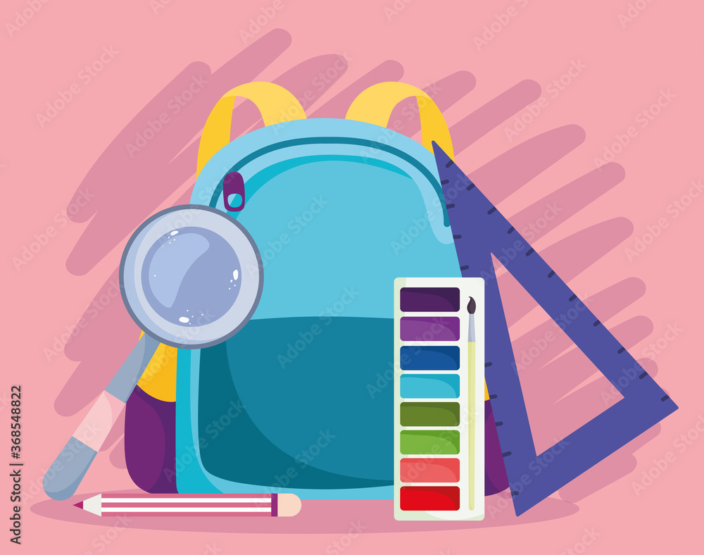 back to school, backpack pencil color paletter and ruler elementary ...