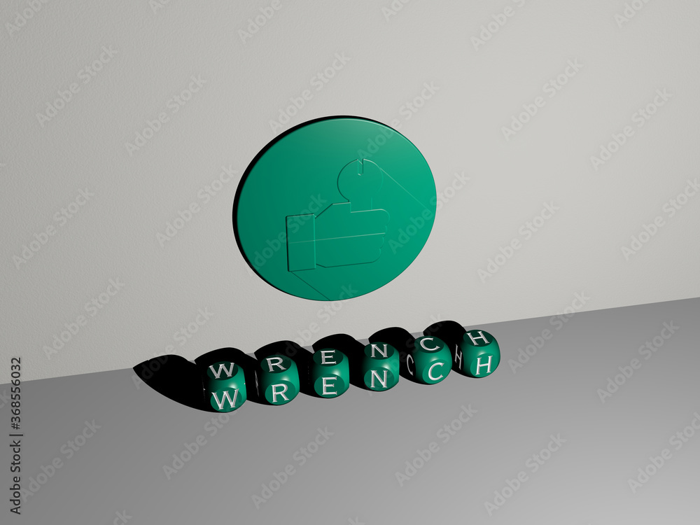3D illustration of WRENCH graphics and text made by metallic dice ...