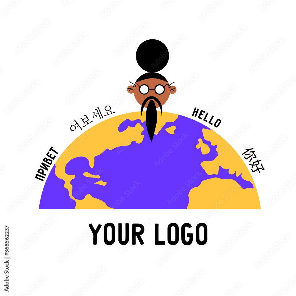 Vector logo for the language school. Flat vector funny wise old man and ...