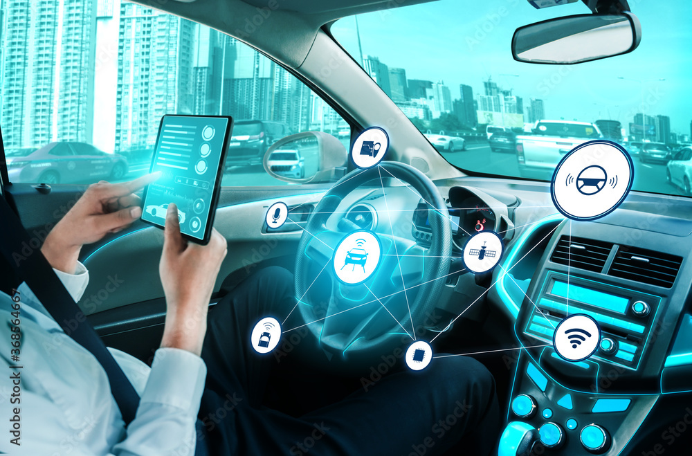 Driverless car interior with futuristic dashboard for autonomous ...