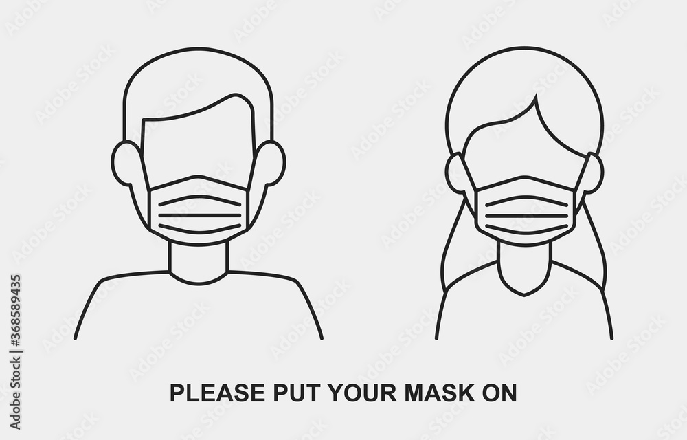 Medical face mask vector icon with man and woman silhouette in line ...