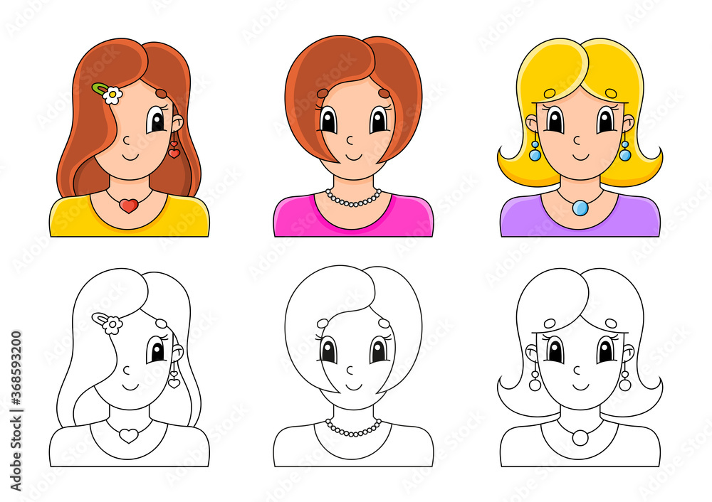 Set coloring page for kids. Cute cartoon characters. Black stroke. With ...