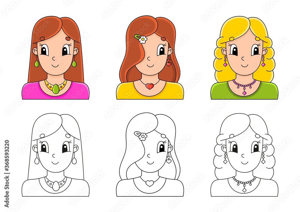 Set coloring page for kids. Cute cartoon characters. Black stroke. With ...