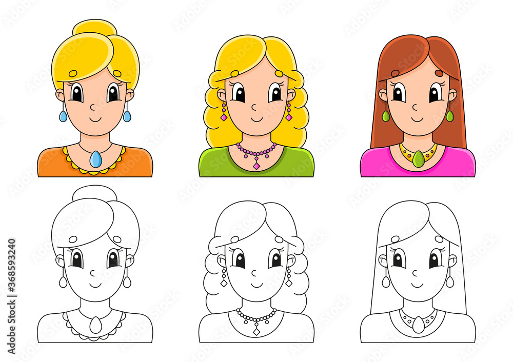 Set coloring page for kids. Cute cartoon characters. Black stroke. With ...