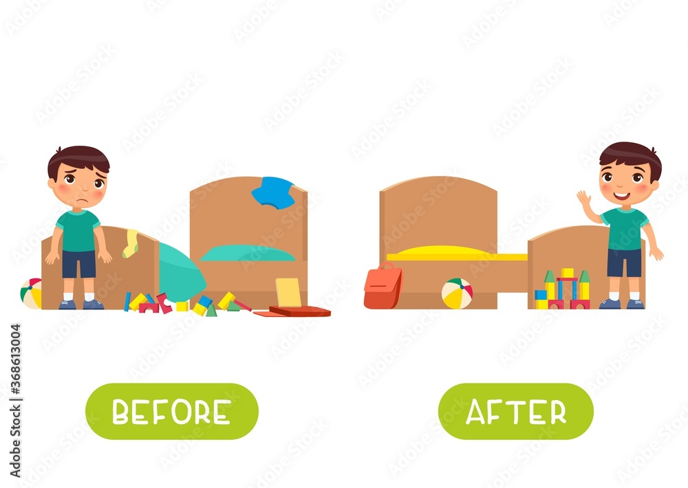 Before and after antonyms word card vector template. Flashcard for ...