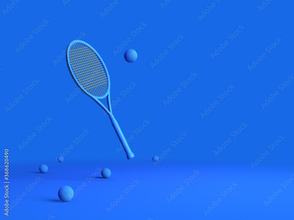 Tennis racket and balls isolated on blue background. Tennis game ...