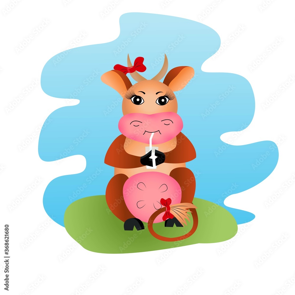 Brown cheerful horned cow with a glass of milk, with a bow on the tail ...