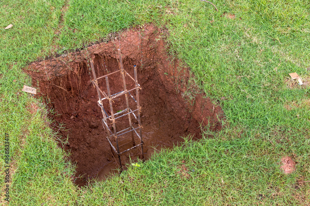 Pile foundation of building at construction site. steel rebar of ...