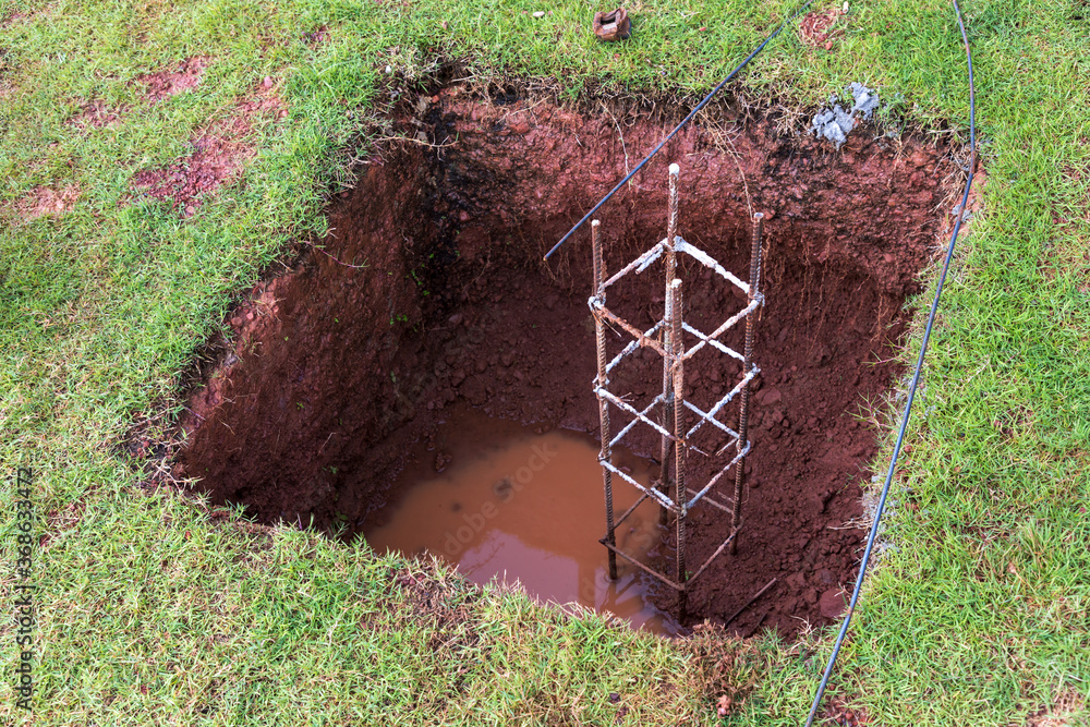 Pile foundation of building at construction site. steel rebar of ...