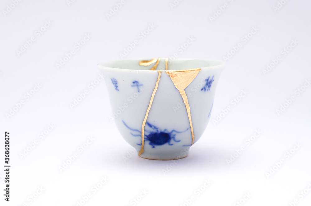 Antique Japanese kintsugi sake cup. Handmade ceramic restored with the ...