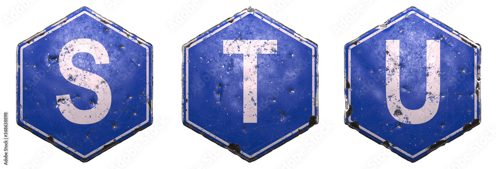 Set of public road signs in blue color with a capital white letter S, T ...