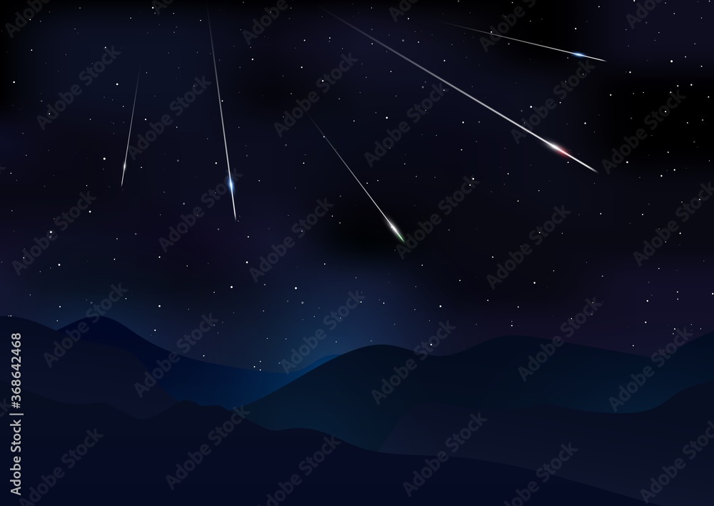 Vector illustration of Meteor Shower. Falling Perseids on dark night ...