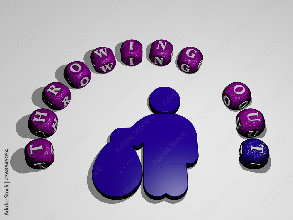 3D representation of THROWING OUT with icon on the wall and text ...