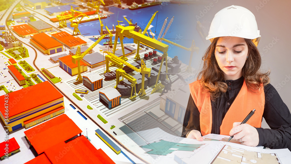Girl architect near seaport. Layout of cargo port close-up. Concept ...