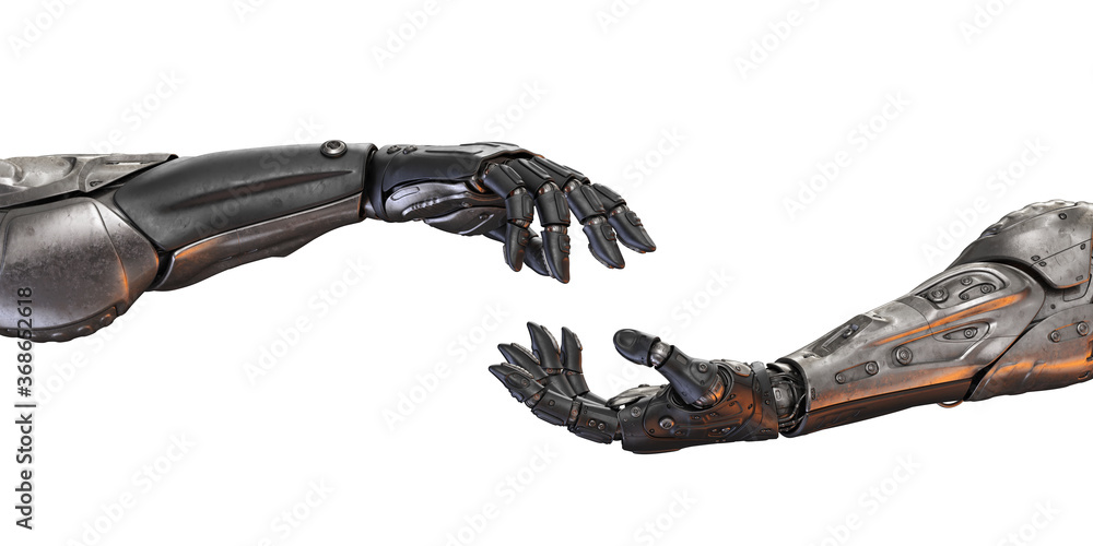 Bionic steel sci-fi arm giving something to another futuristic hand, 3d ...