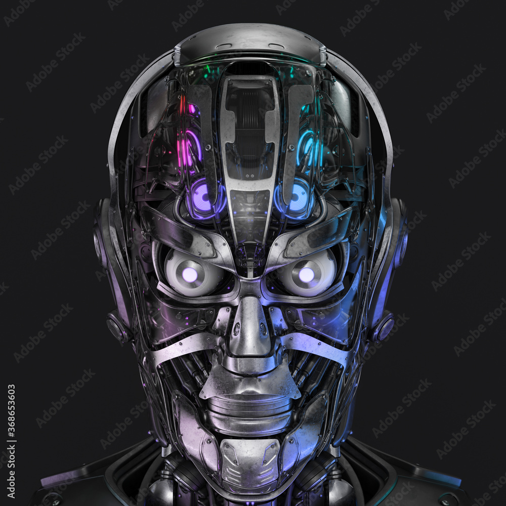 Sci-fi handsome cyborg head in front angle / Futuristic man 3d ...