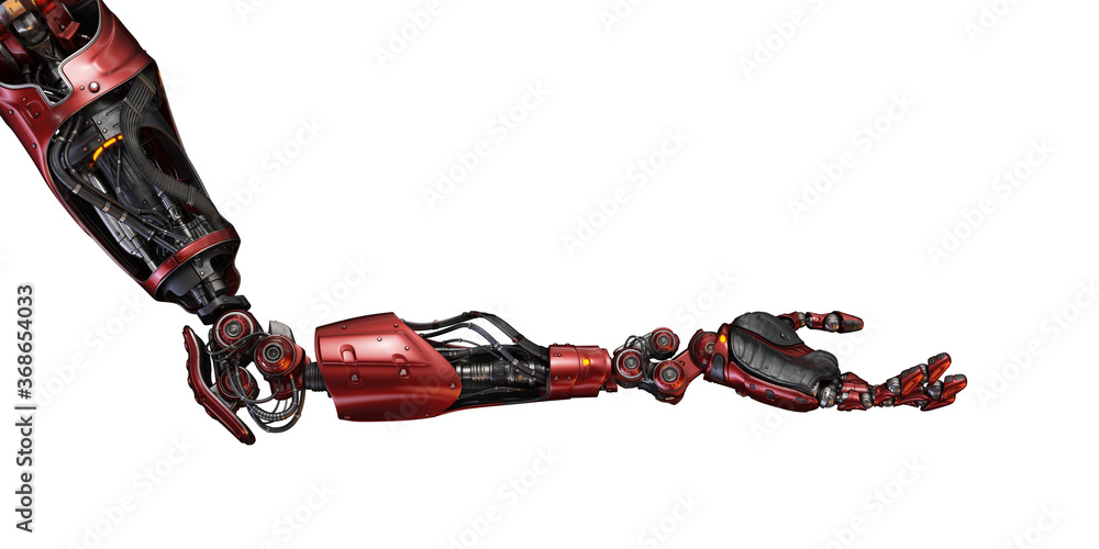 Prosthetic red robotic arm, 3d rendering in opened palm position on ...