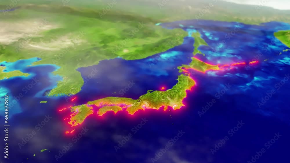 3D CGI Map of Japan With Mountain Relief, Depth of Field & Red Glow ...
