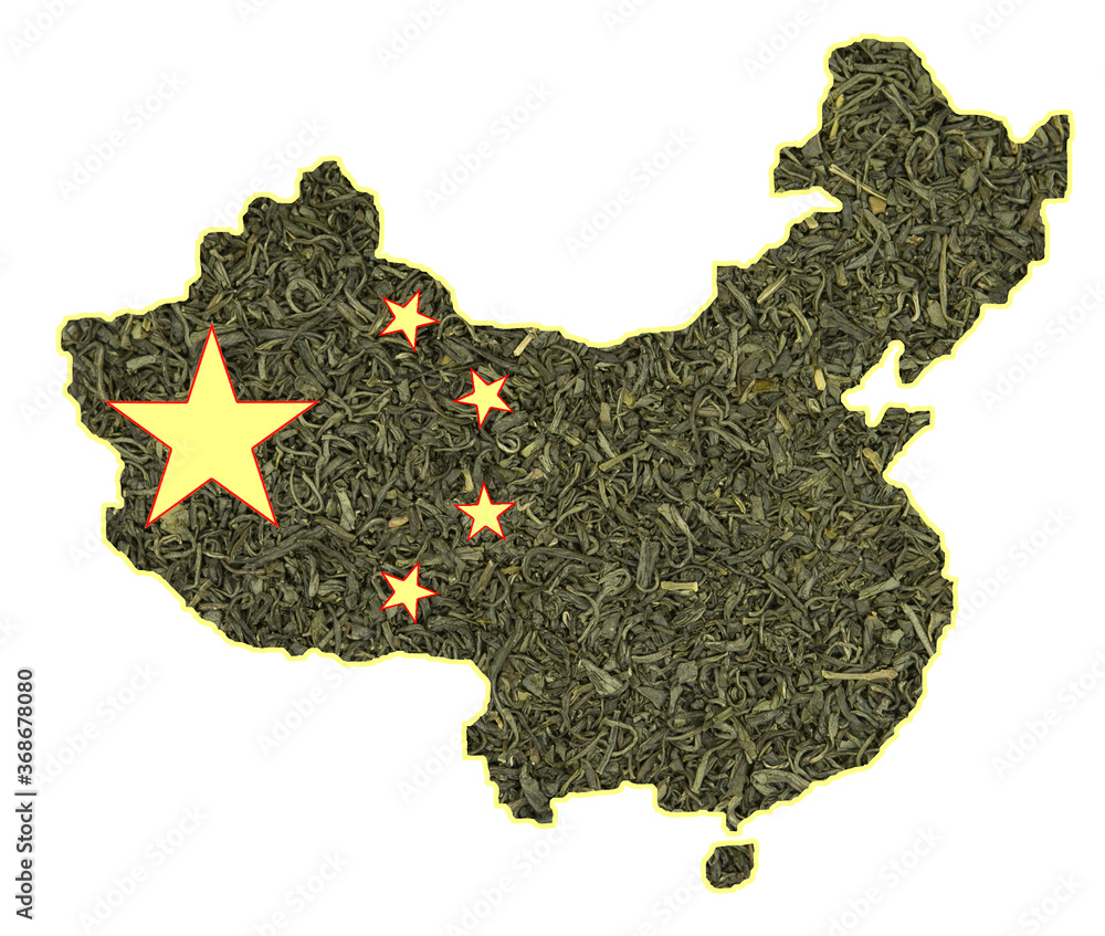 Map of China on a background of green tea from Beijing. Background for ...