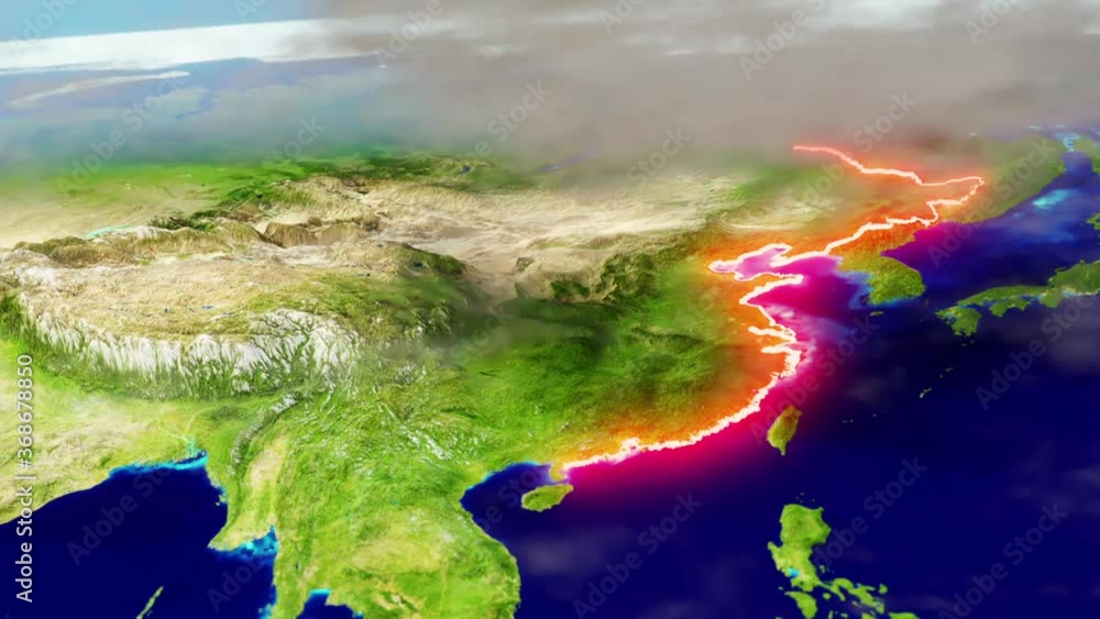 3D CGI Map of China With Mountain Relief, Depth of Field & Chinese ...