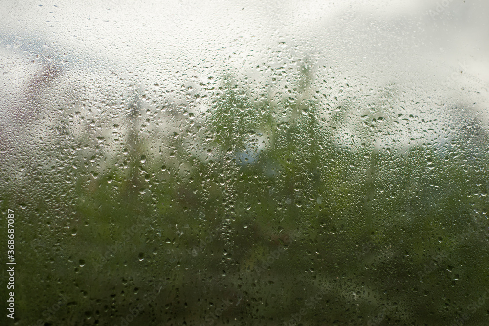 rain splash drops on a window with background green nature in Blur ...