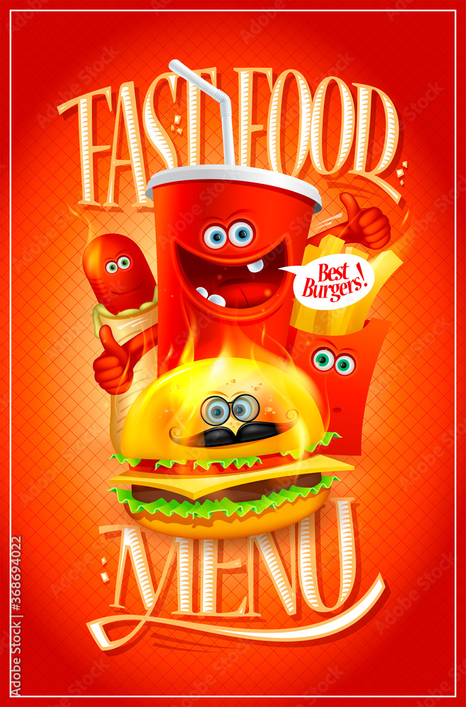 Fast food menu cover mockup with hot dog, burger, french fries and soda ...