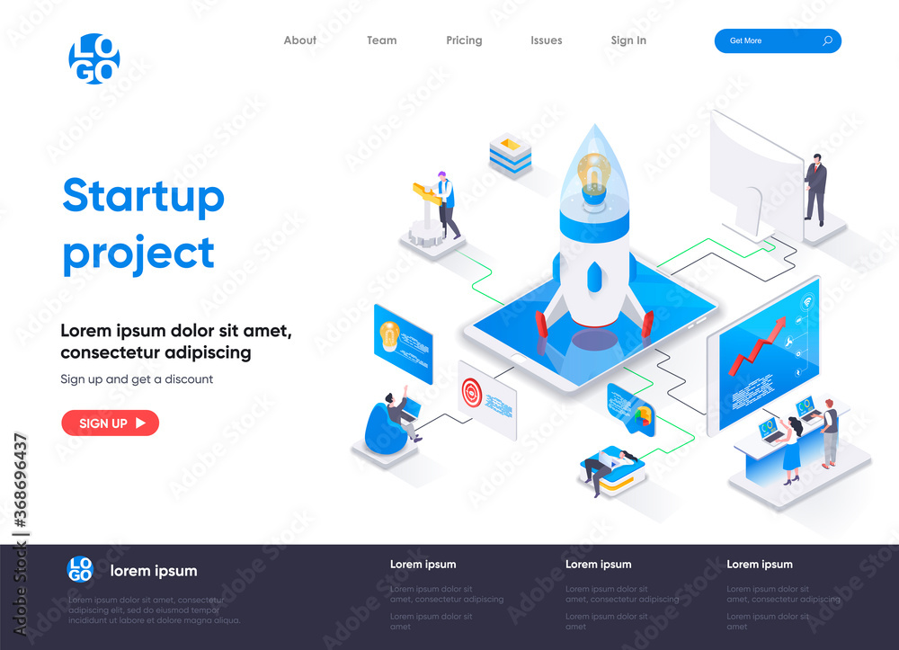 Startup project isometric landing page. Team of startup founders ...