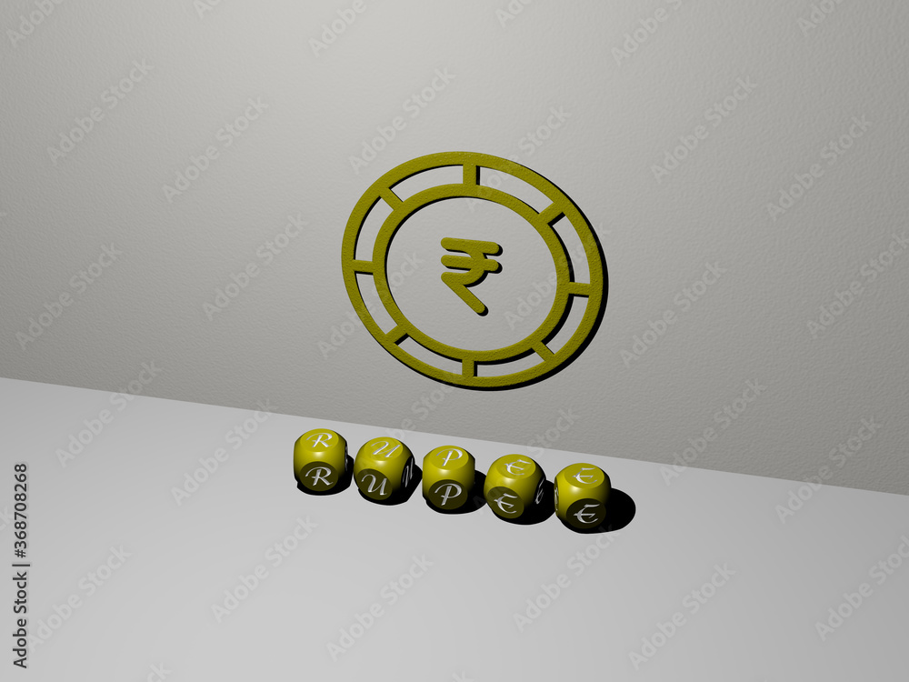 3D representation of rupee with icon on the wall and text arranged by ...