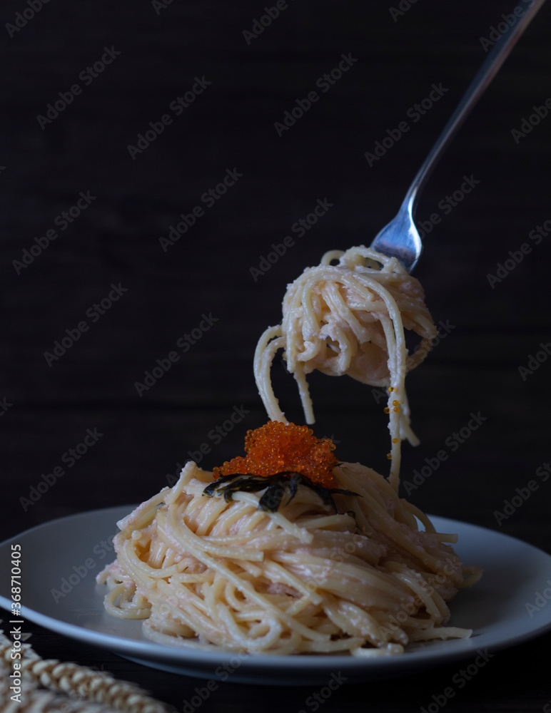 Mentaiko Pasta, Japanese Pasta on a Fork. Mentaiko Pasta with Tobikko ...