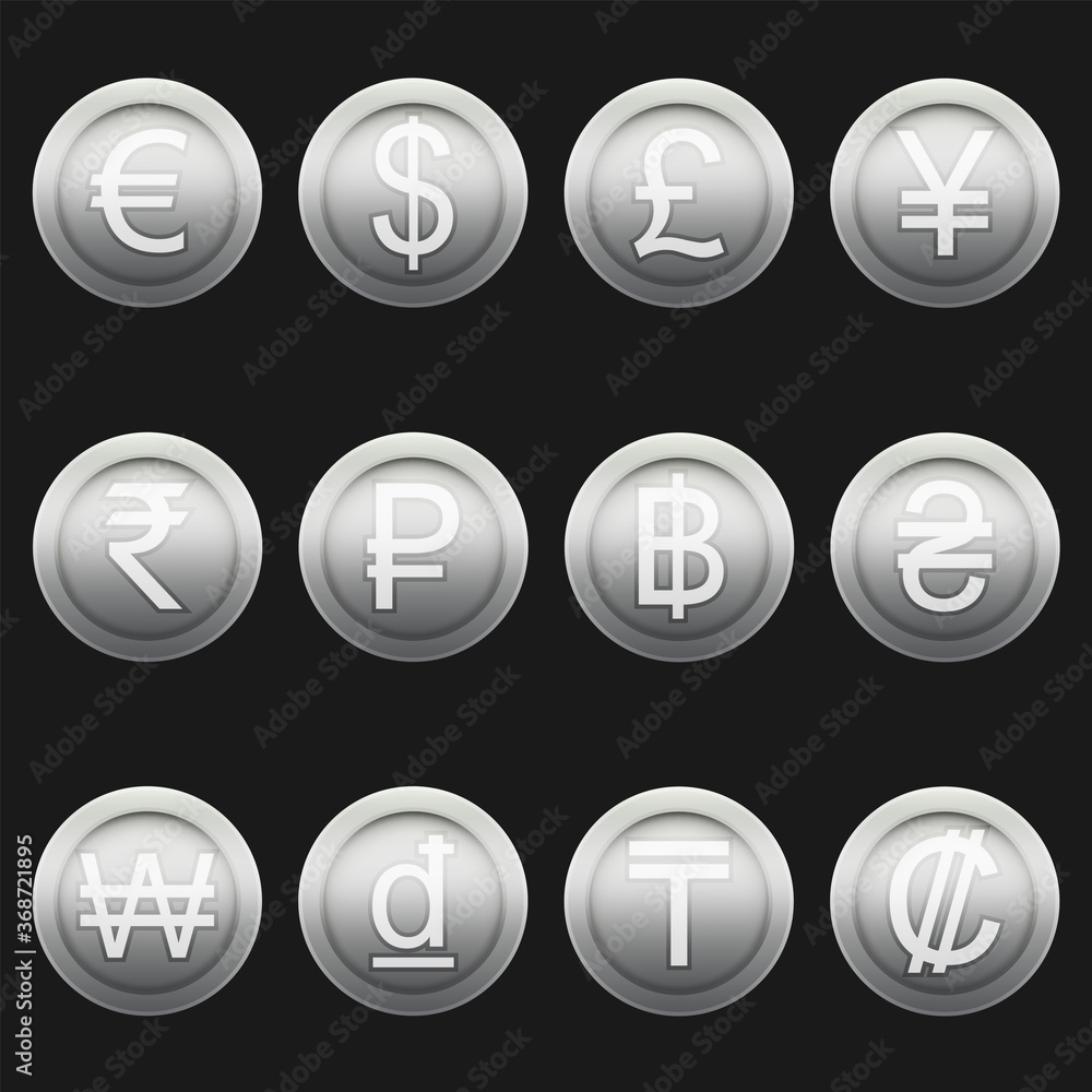 Currency coins symbols icons shiny metallic silver set. A set of ...
