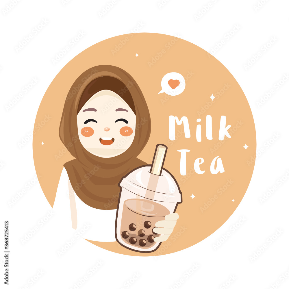 Cartoon character muslim hejab, Cartoon female presenting bubble tea ...