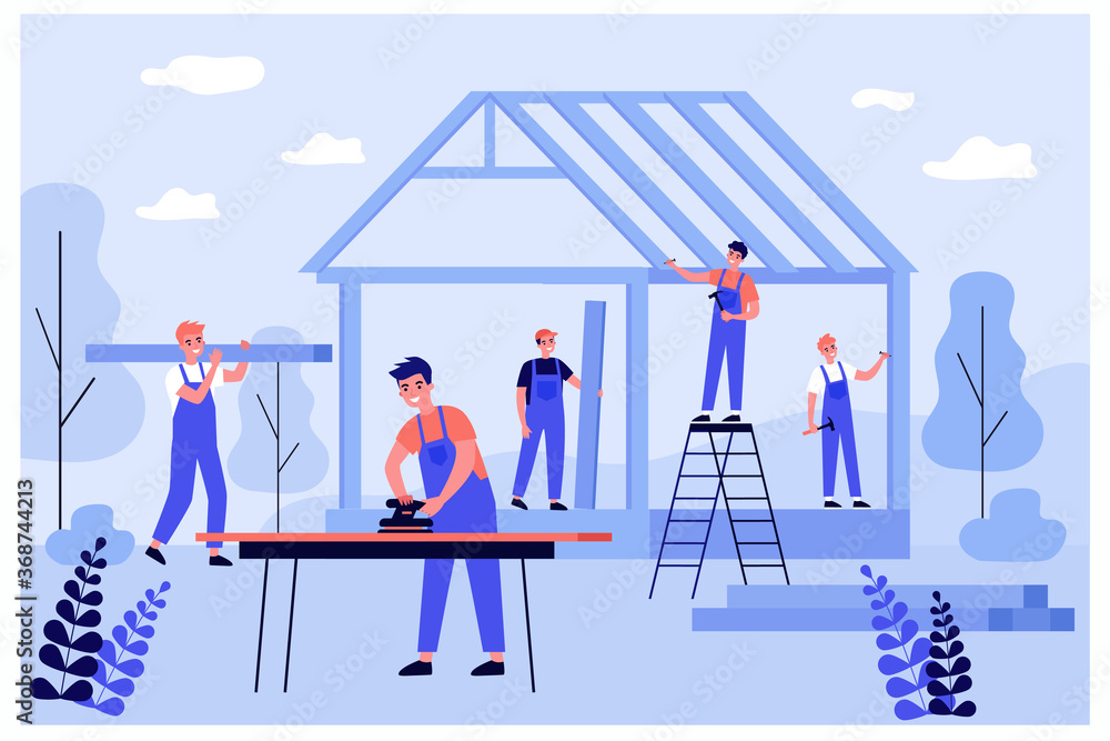 Vetor do Stock: Professional carpenters team making wall and rooftop ...