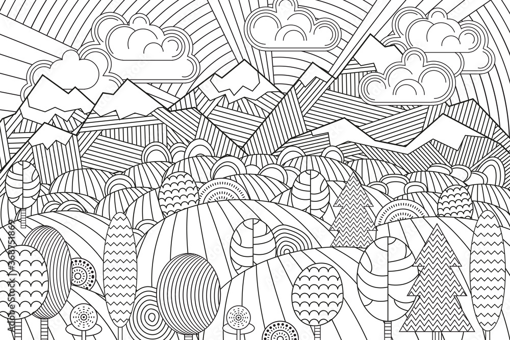 Landscape of geometric elements with lines. Anti stress coloring ...