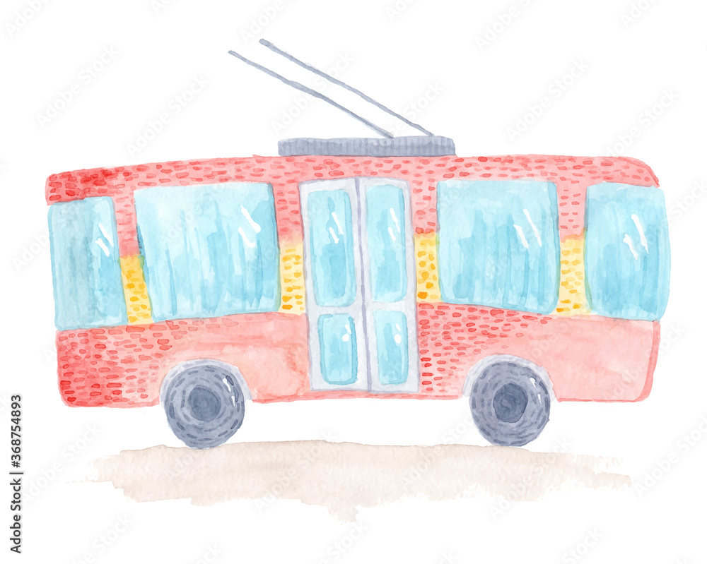 Cute colorful vector hand drawn watercolor trolleybus. Tender childish ...