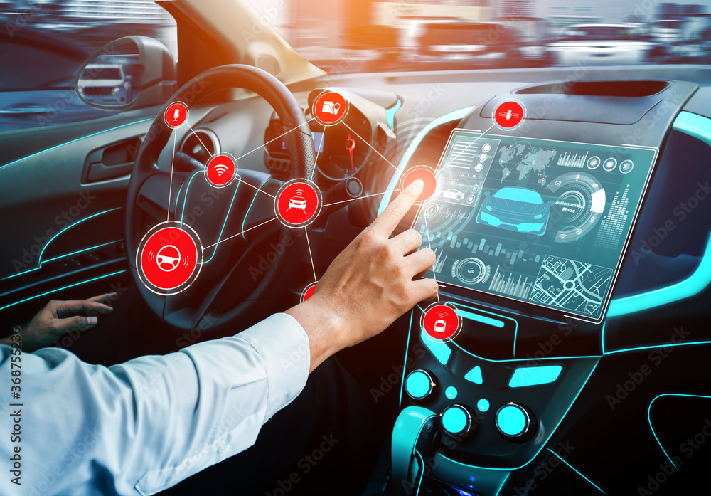 Driverless car interior with futuristic dashboard for autonomous ... Driverless car interior with futuristic dashboard for autonomous ...