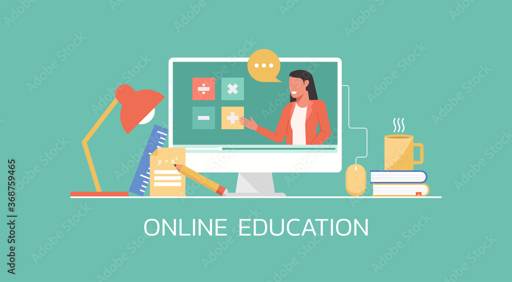e-learning and online education concept, distance learning, female ...