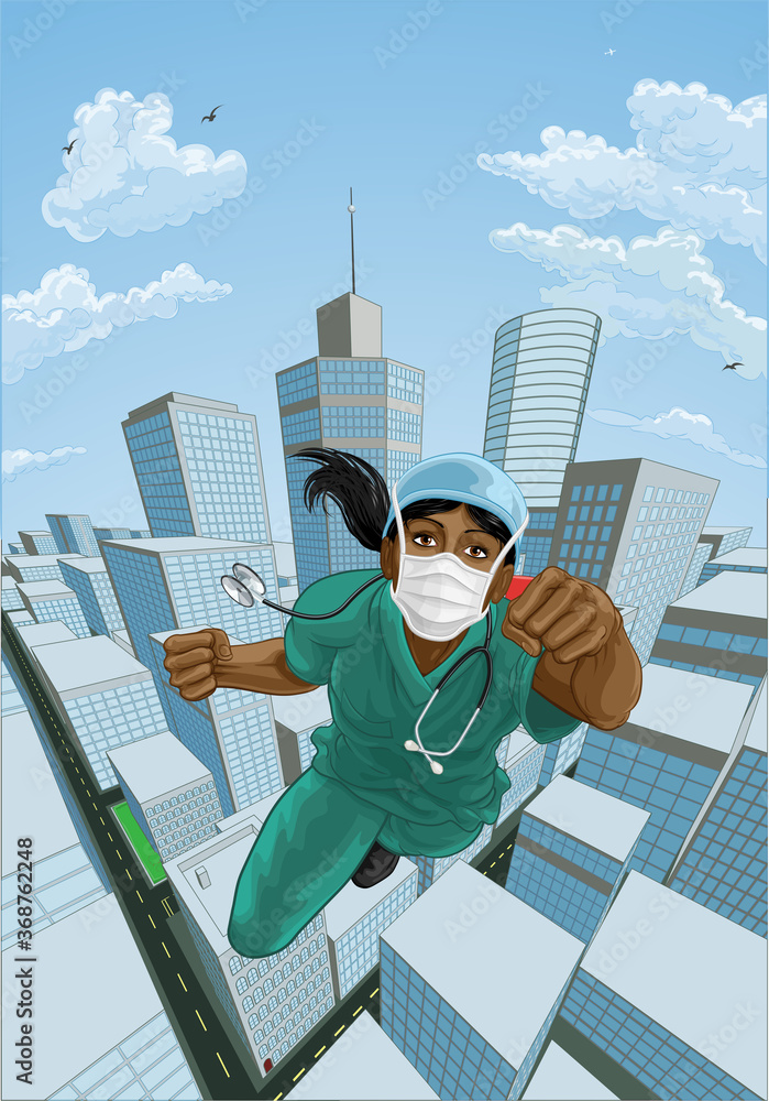 Doctor or nurse in scrubs superhero essential worker flying comic book ...