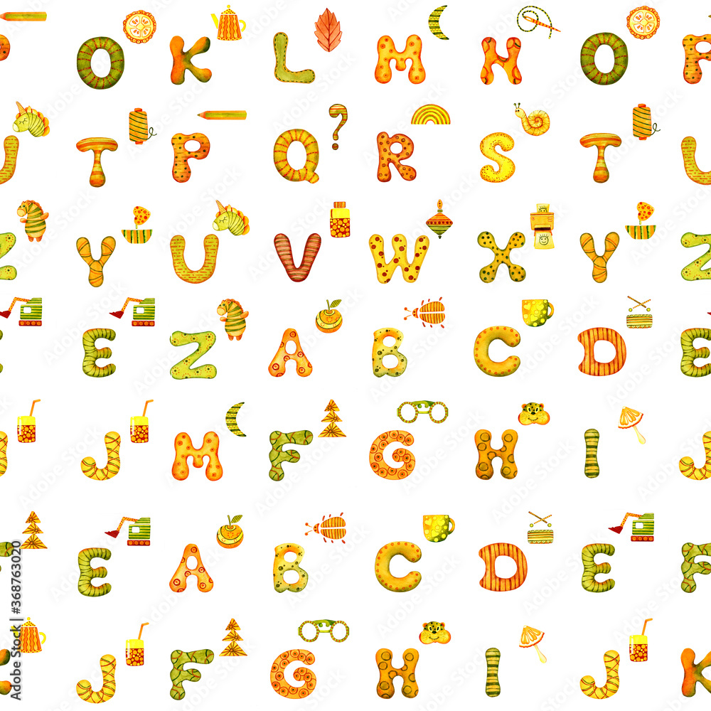 Seamless pattern, english alphabet, alphabet with cartoon pictures and ...