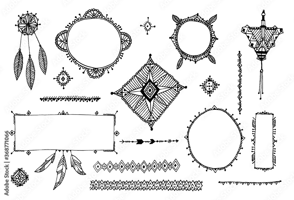 Vector boho decor set, collection of hand drawn doodle borders ...