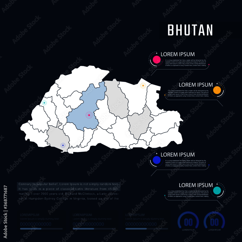 Bhutan country map infographics vector with pointer marks and circle ...