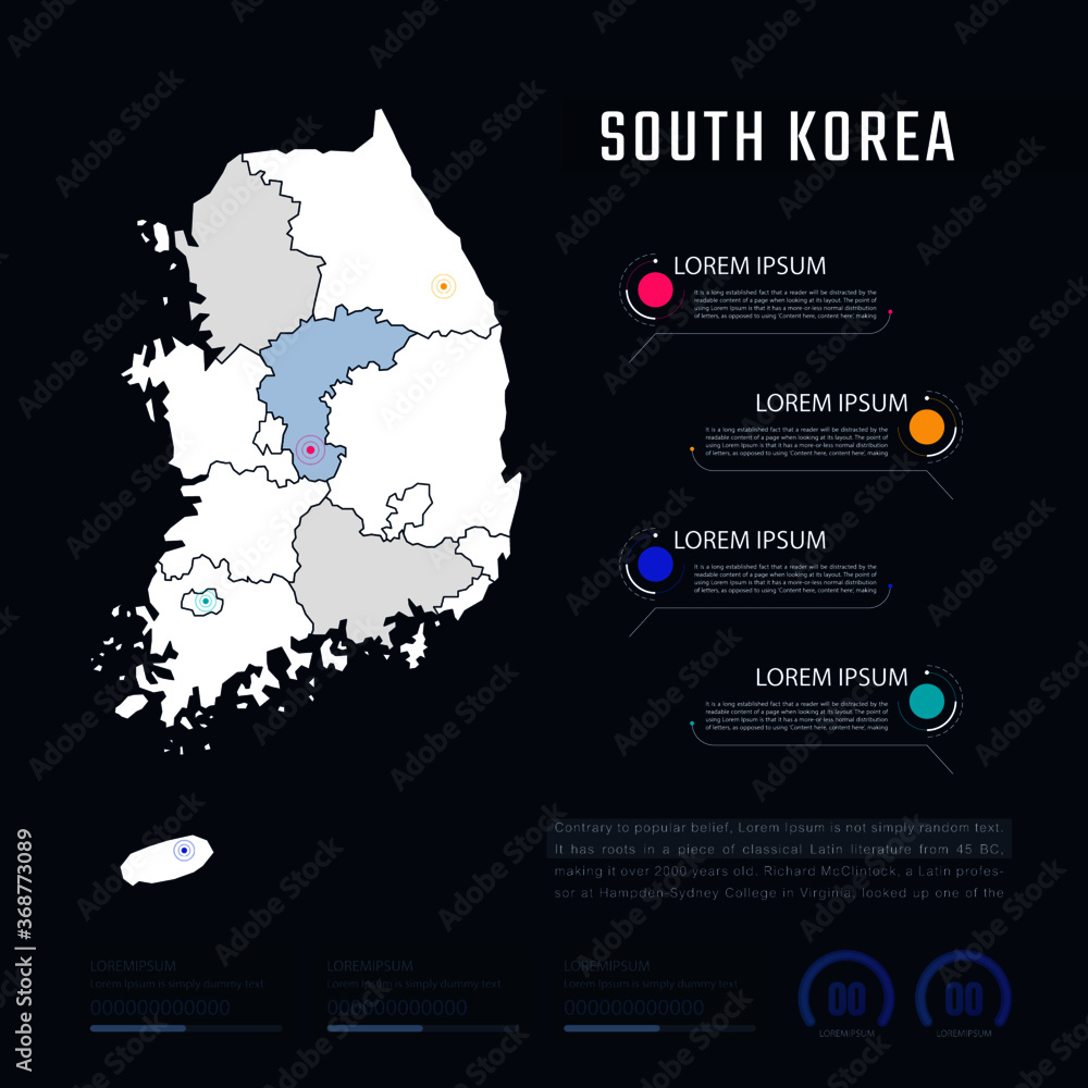 South Korea country map infographics vector with pointer marks and ...
