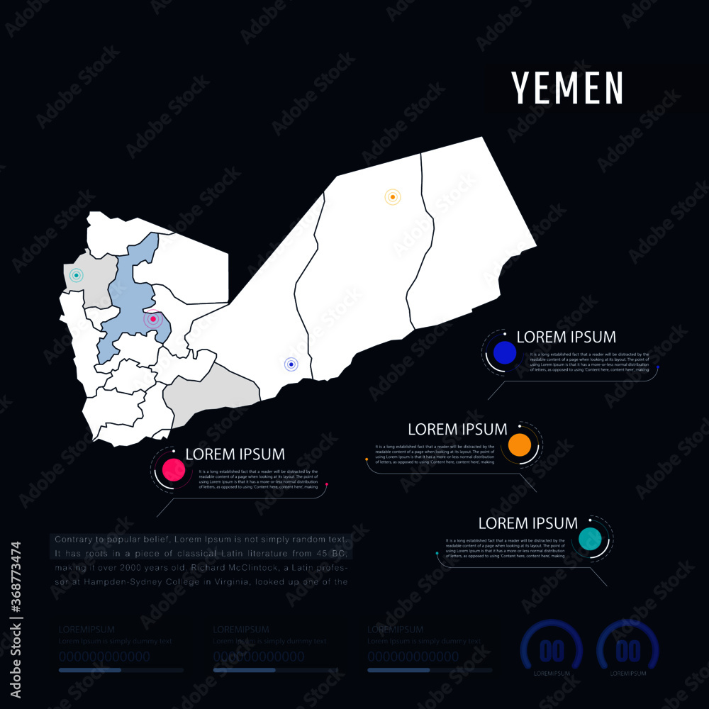 Yemen country map infographics vector with pointer marks and circle ...