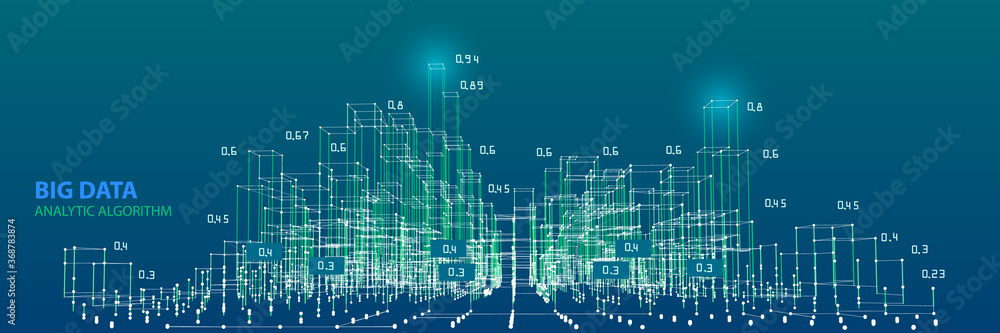 Vecteur Stock Big data. Abstract infographics with grid mesh and data on blue background. 3d ...