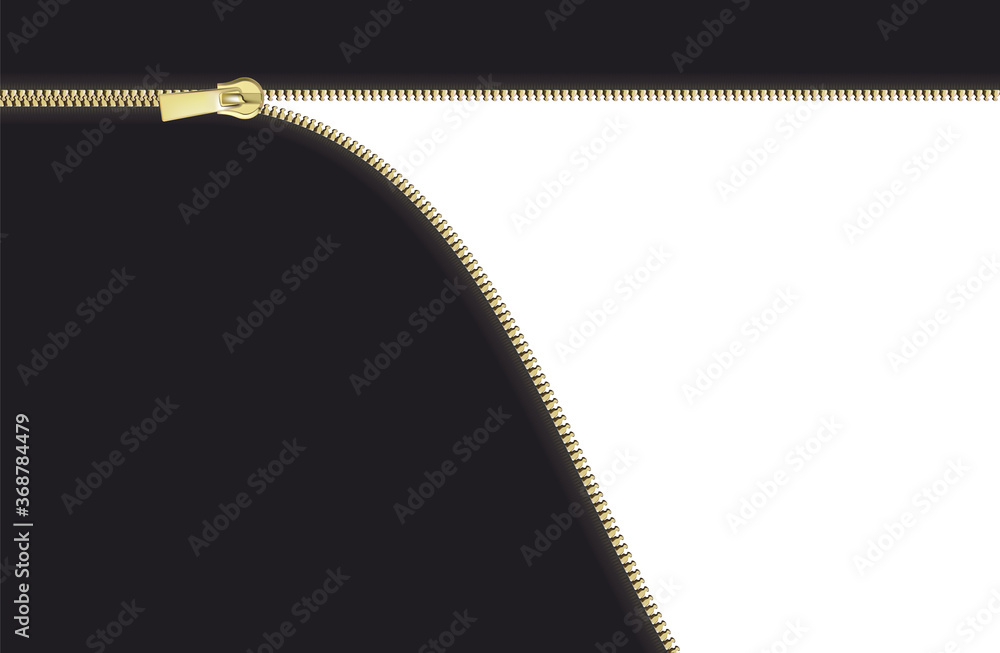 Open close zip. Realistic zipper fastener reveal vector. Metallic gold ...